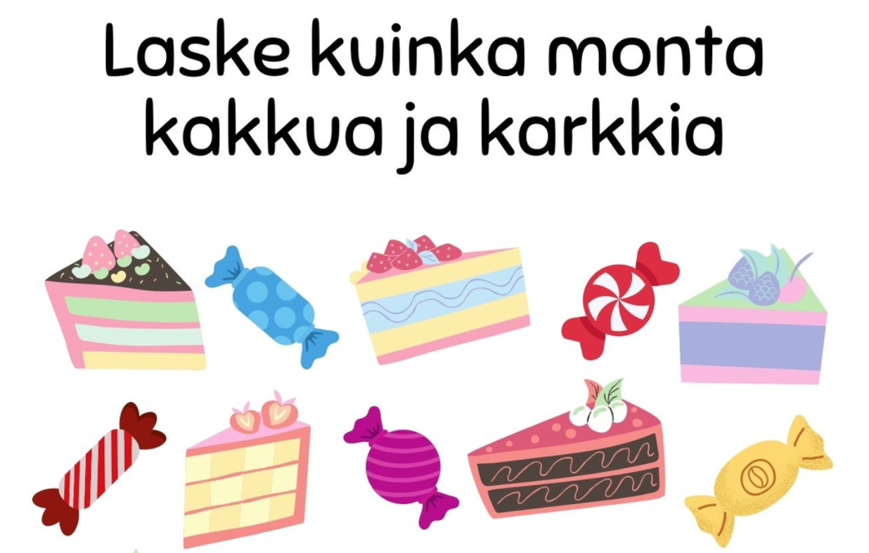 Tulostettava laskemistehtävä -Laske kuinka monta kakkua ja karkkia ...