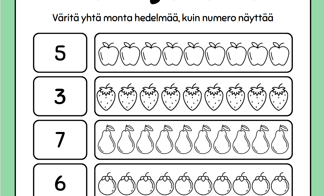 Laske ja väritä hedelmiä tulostettava tehtävä eskarilaiselle - HoxApp